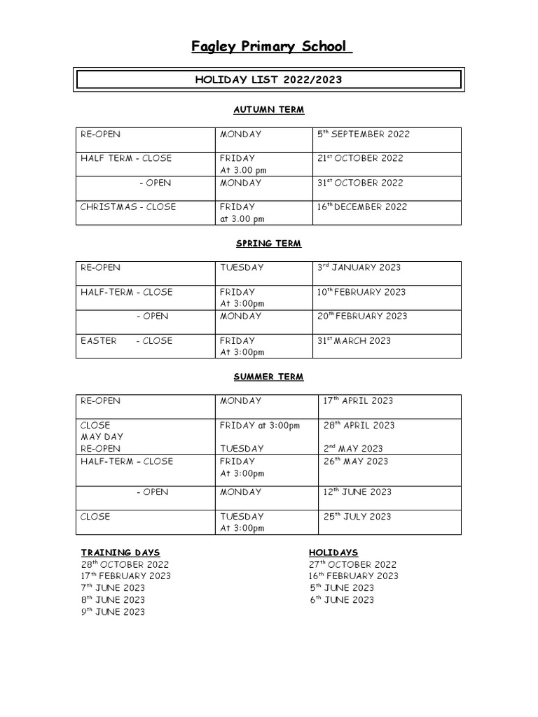 Holiday Dates 2022 2023 PDF