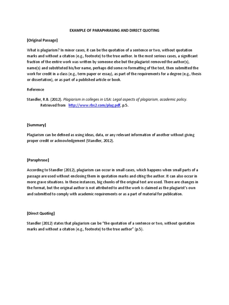 Example of Paraphrasing and Direct Quoting (Original Passage) | PDF