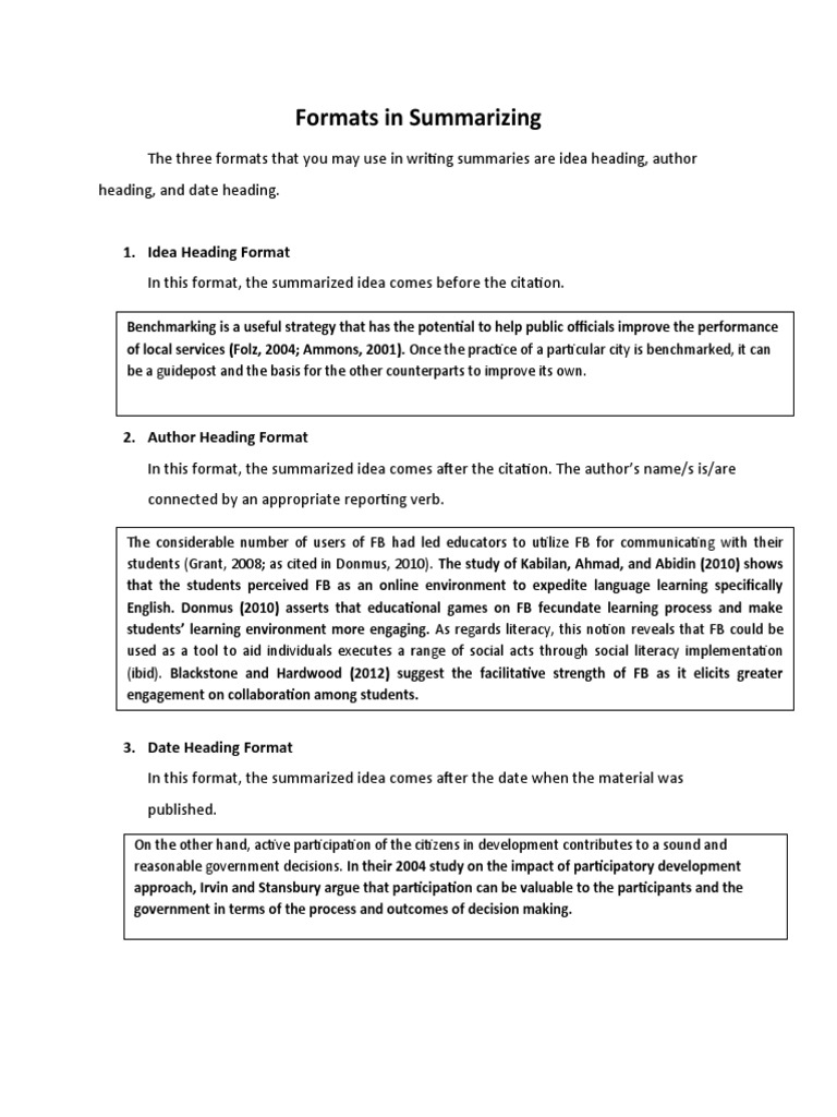 Formats in Summarizing | PDF