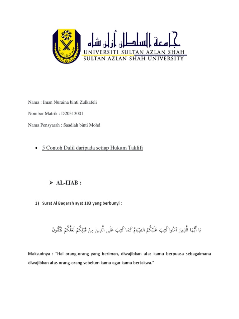 Contoh Dalil Hukum Taklifi dalam Islam | PDF