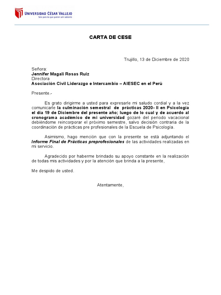 Carta de Cese de Prácticas 2020-II | PDF | Relaciones personales ...