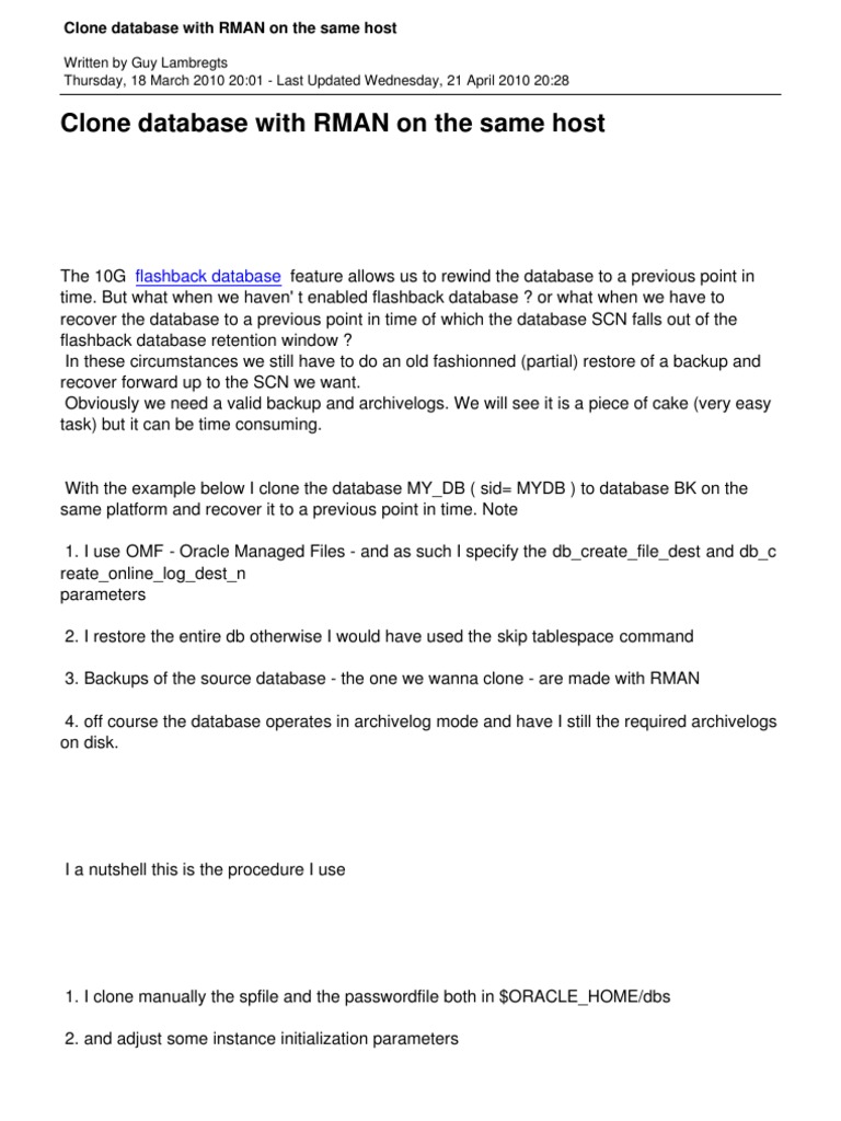 Clone Database With Rman On The Same Host Pdf Oracle Database Databases