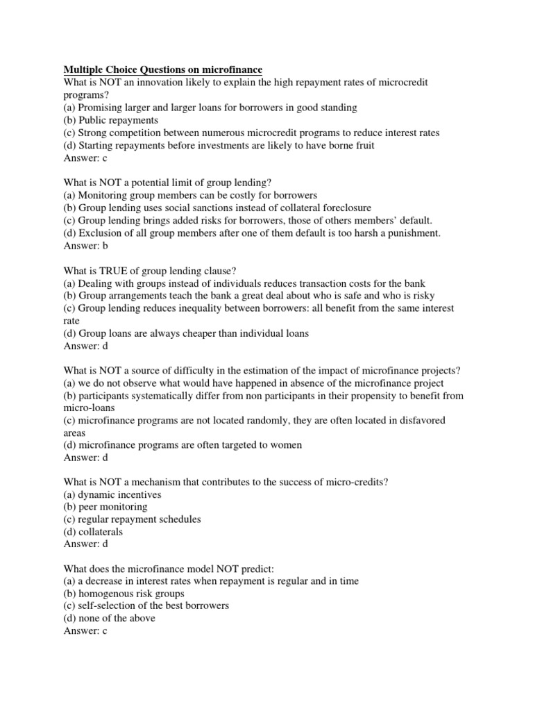 Correction - Multiple Choice Questions on Micro Finance | Microfinance ...