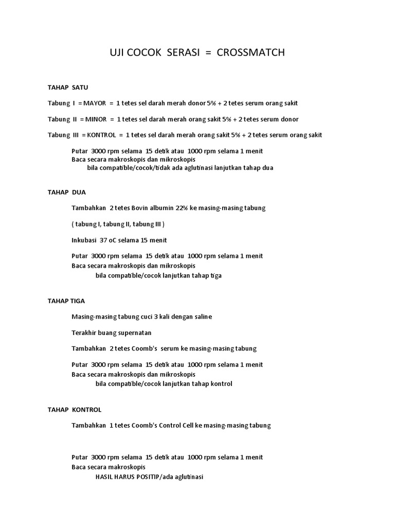 Prosedur Uji Cocok Serasi Darah | PDF