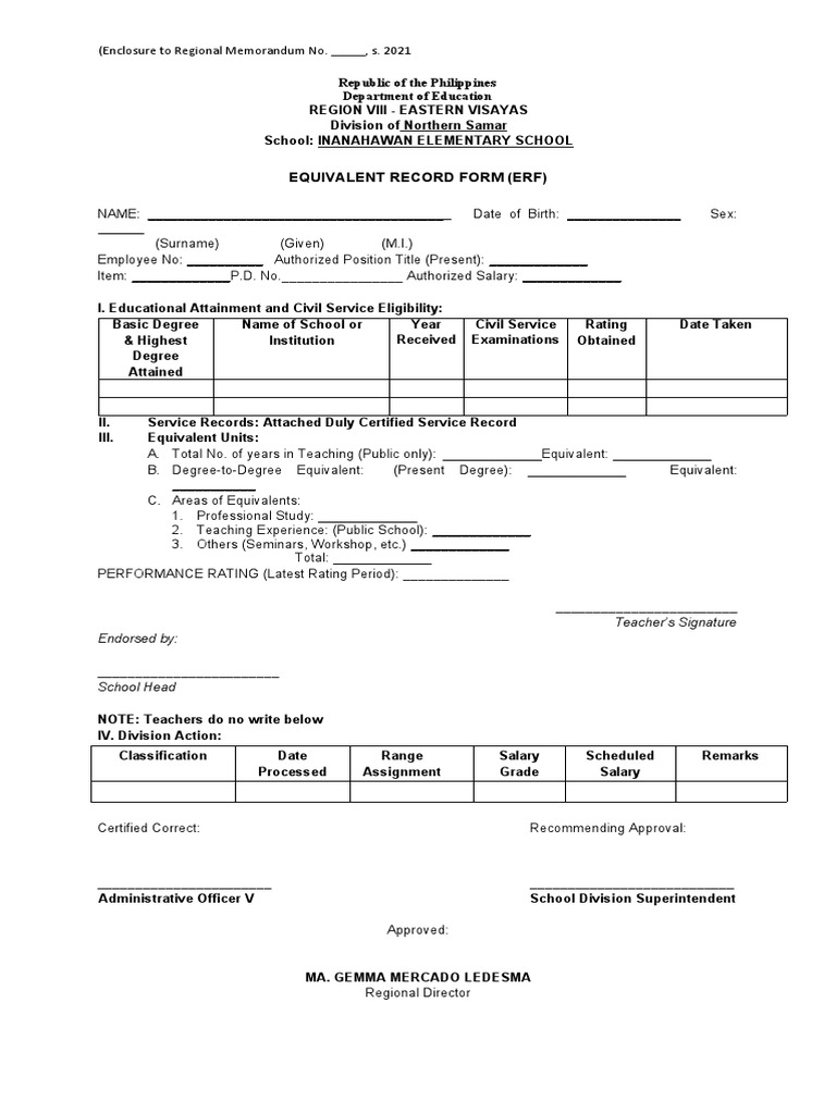 Equivalent Record Form (Erf) : Teacher's Signature Endorsed by | PDF