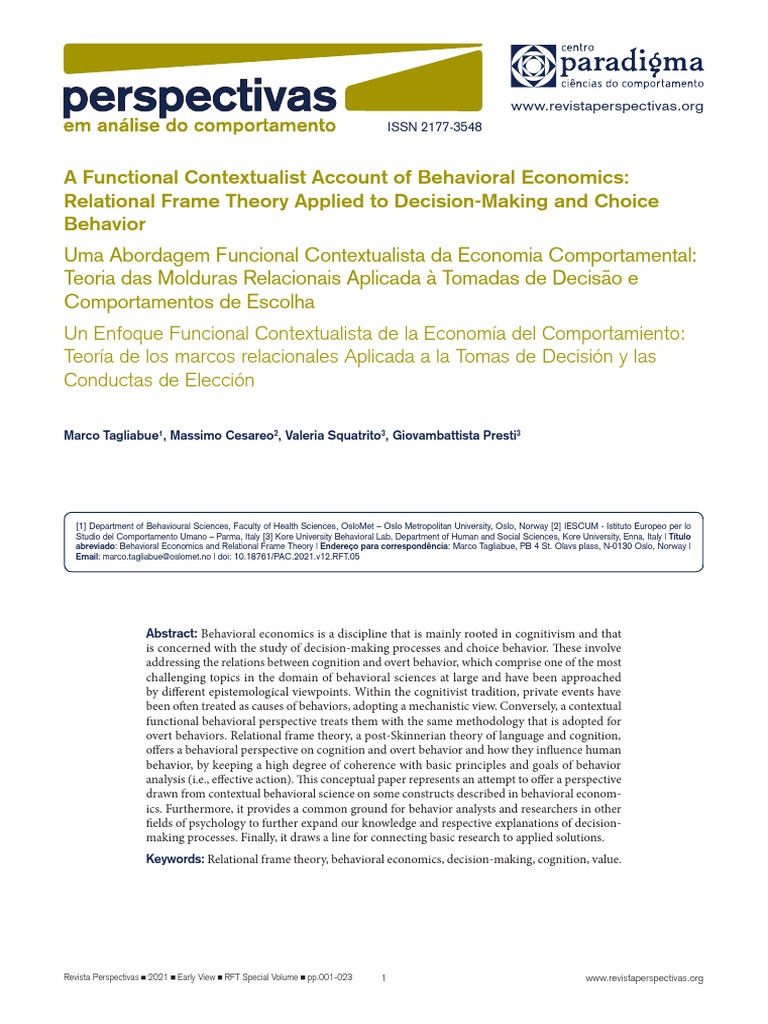 A Functional Contextualist Account of Behavioral Economics. RFT Applied ...