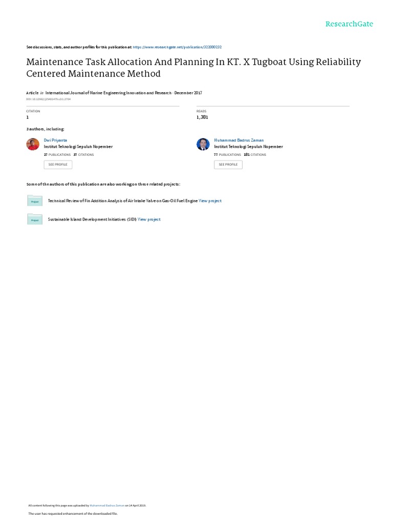 Maintenance Task Allocation and Planning in KT. X Tugboat Using Reliability Centered Maintenance ...