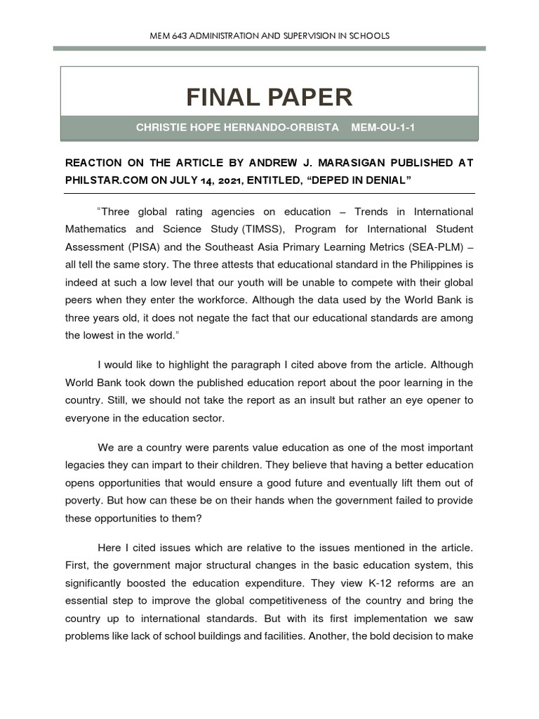 Reaction Paper On DepEd in Denial Article | PDF | Schools | Teachers