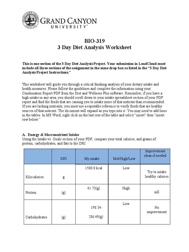 BIO-319 3 Day Diet Analysis Worksheet | PDF | Nutrients | Fat