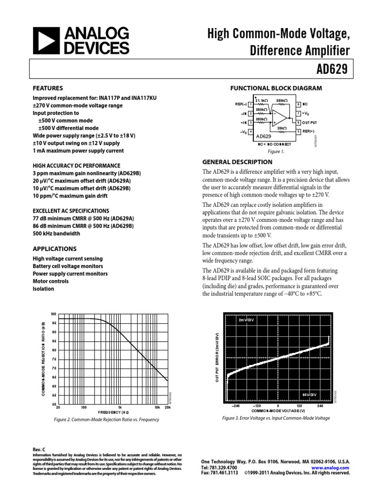 High Common-Mode Voltage, Difference Amplifier AD629: Features ...