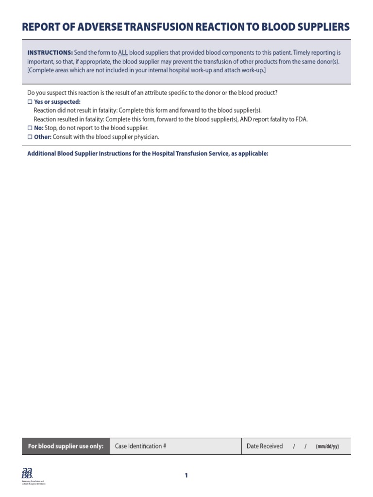 Report of Adverse Transfusion Reaction To Blood Suppliers | PDF | Blood ...