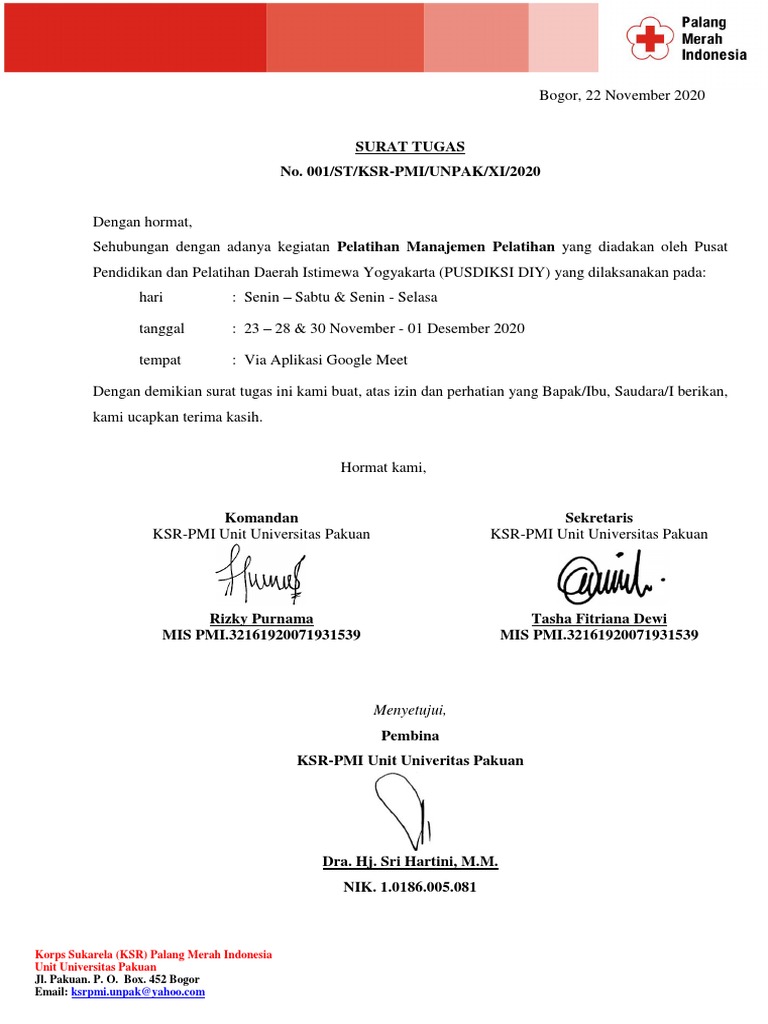 Surat Tugas No. 001/ST/KSR-PMI/UNPAK/XI/2020: Menyetujui | PDF