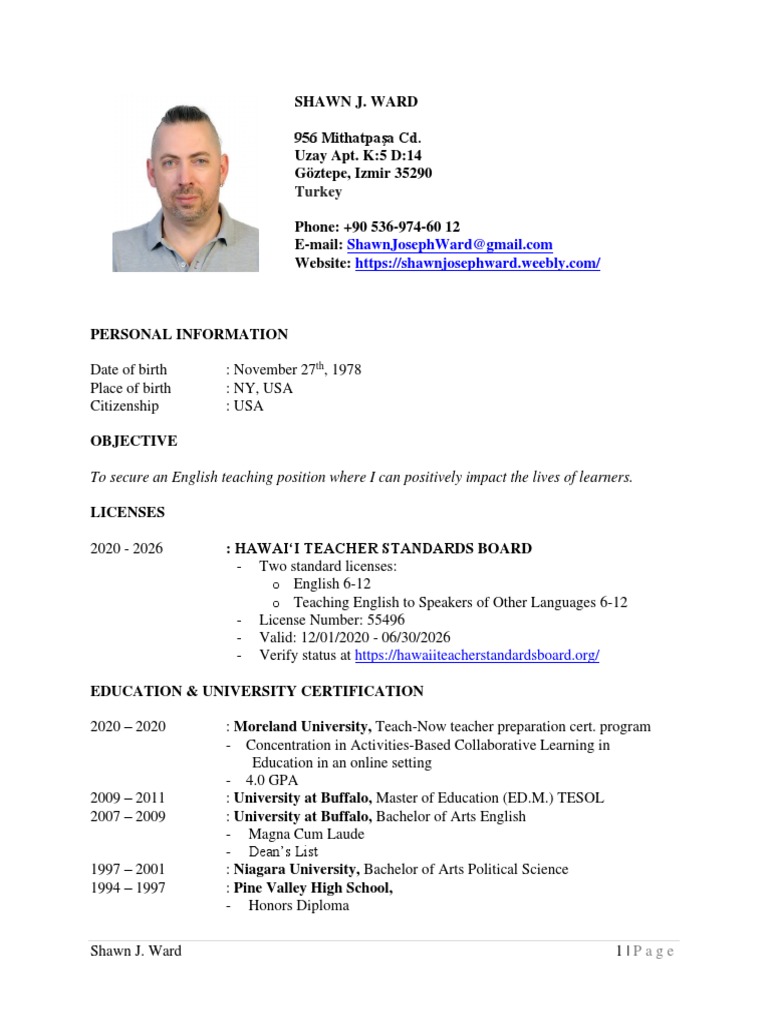 Shawn Ward Curriculum Vitae CV | PDF | English As A Second Or Foreign Language | Curriculum