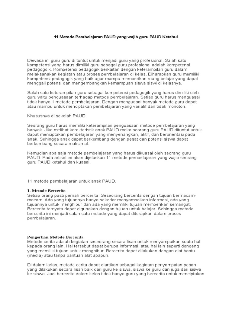 11 Metode Pembelajaran PAUD Yang Wajib Guru PAUD Ketahui | PDF | Karier & Perkembangan