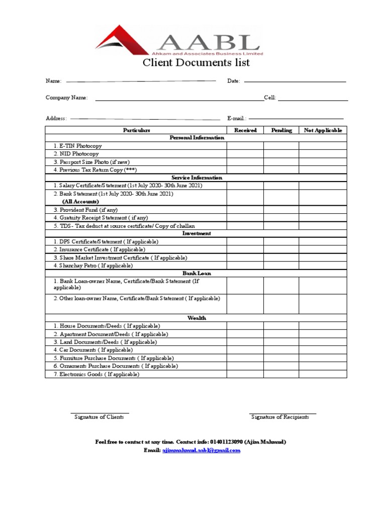 Income Tax Client Checklist | PDF
