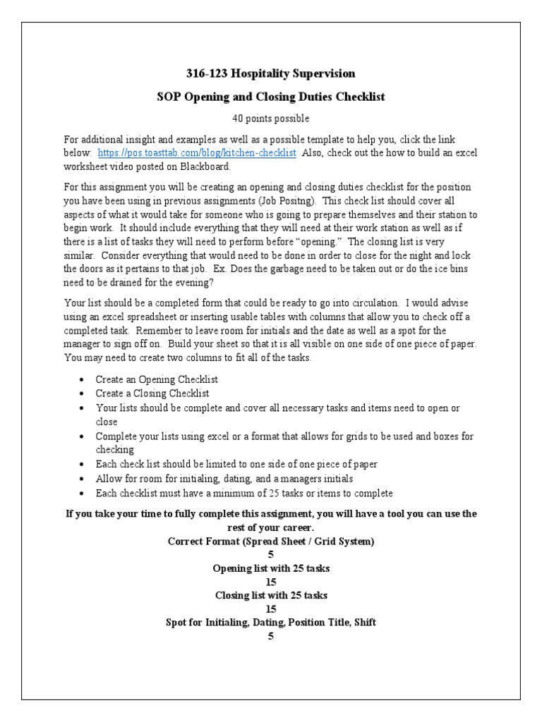 Opening and Closing Duties Checklist | PDF | Microsoft Excel | Computing