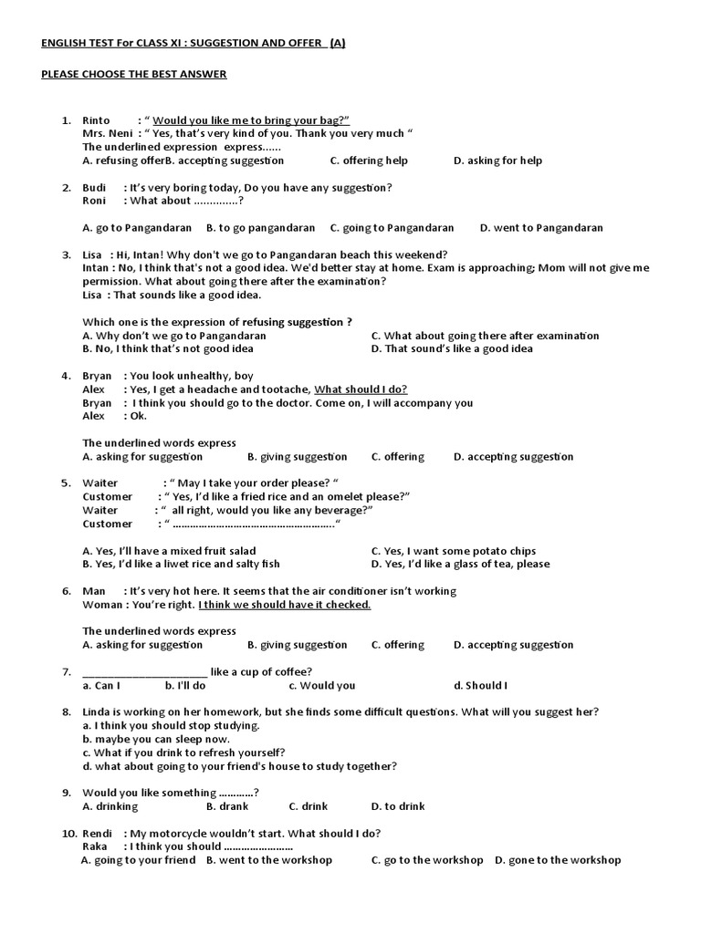 Class XI English Test: Suggestions & Offers | PDF