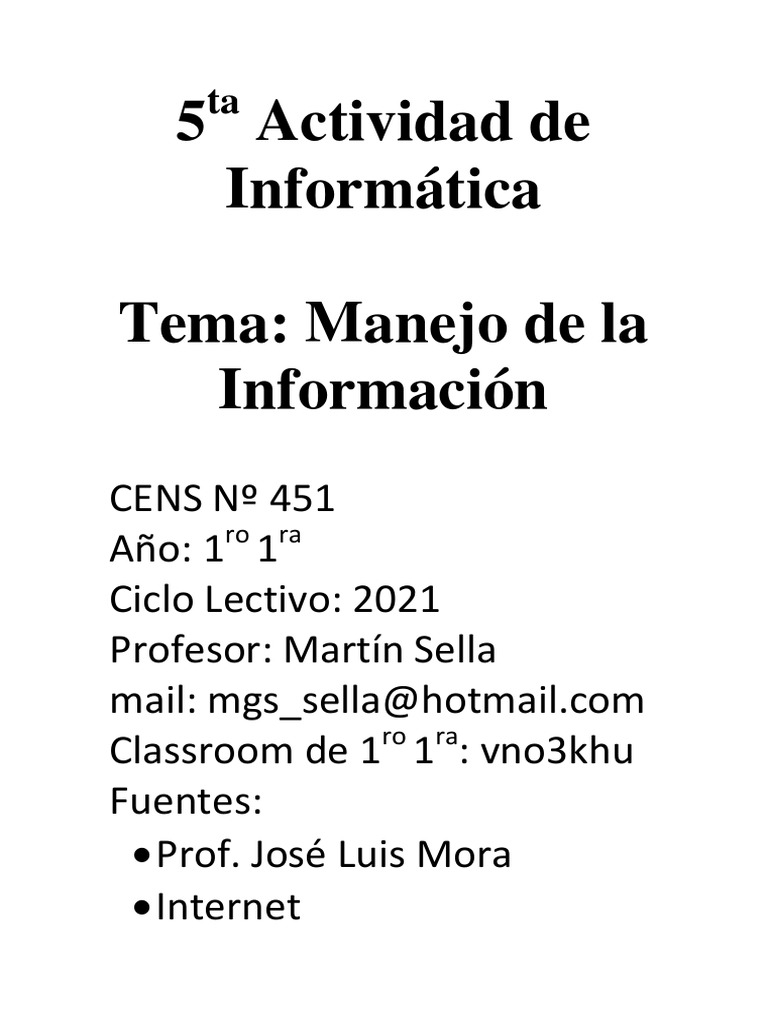 1º 1 Informática Actividad 5 Información | PDF | Poco | Byte