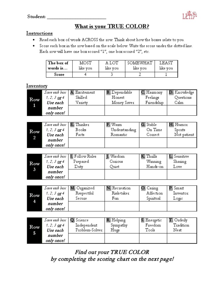 True Colors Personality Test Worksheet | PDF | Color | Applied Psychology