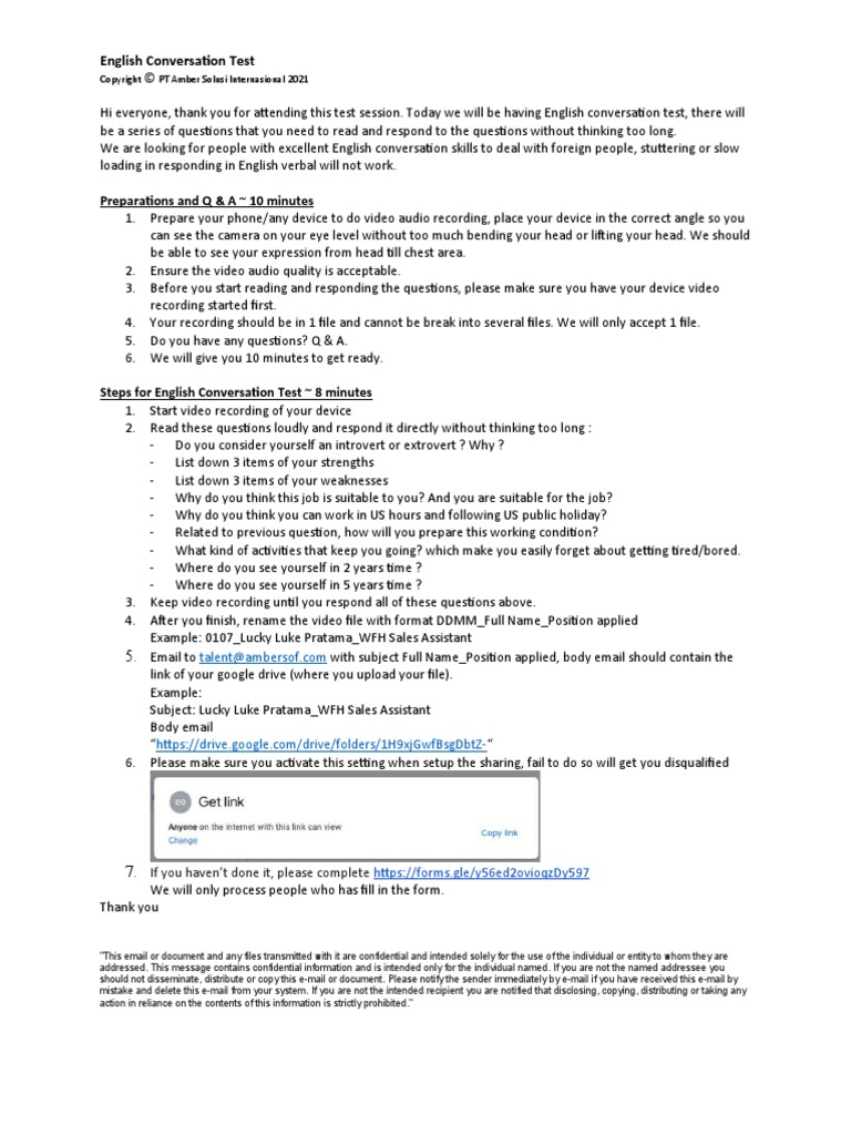 English Conversation Test Pt Amber Solusi Internasional 2021 Pdf