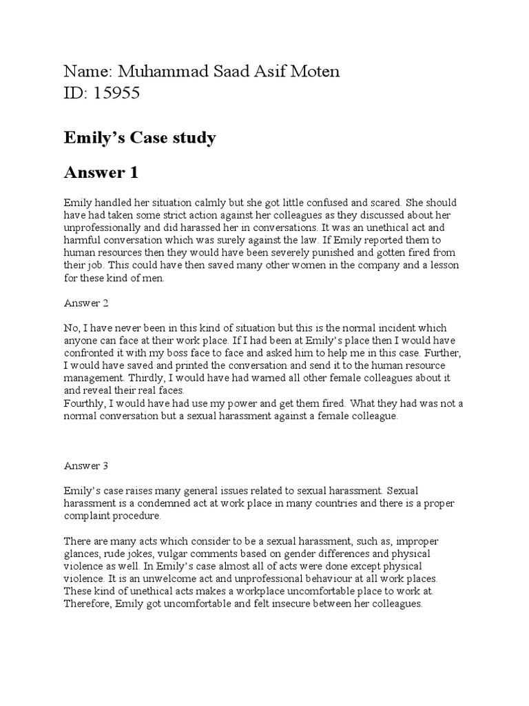 Emily's Case Study Answer 1: Name: Muhammad Saad Asif Moten ID: 15955 | PDF