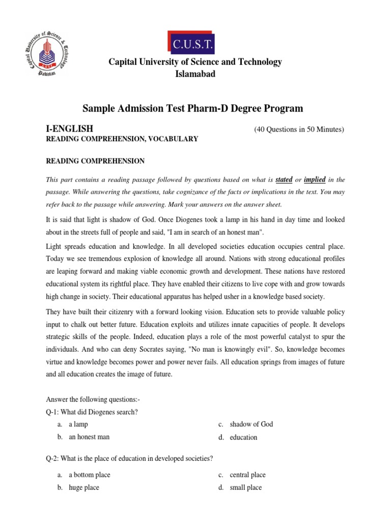 Sample Admission Test Pharm-D Degree Program: Capital University of ...