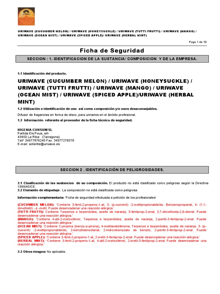 Ficha de Seguridad Uriwave | PDF | Agua | Toxicidad