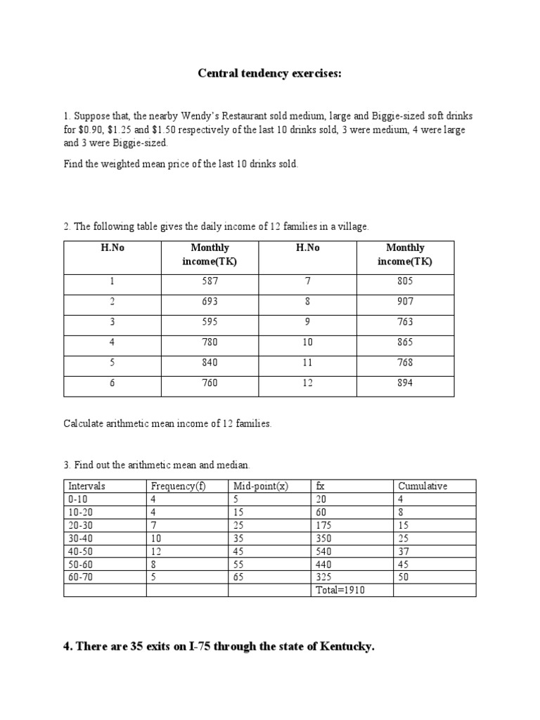 Central Tendency Exercises (Mean) | PDF | Median | Mode (Statistics)