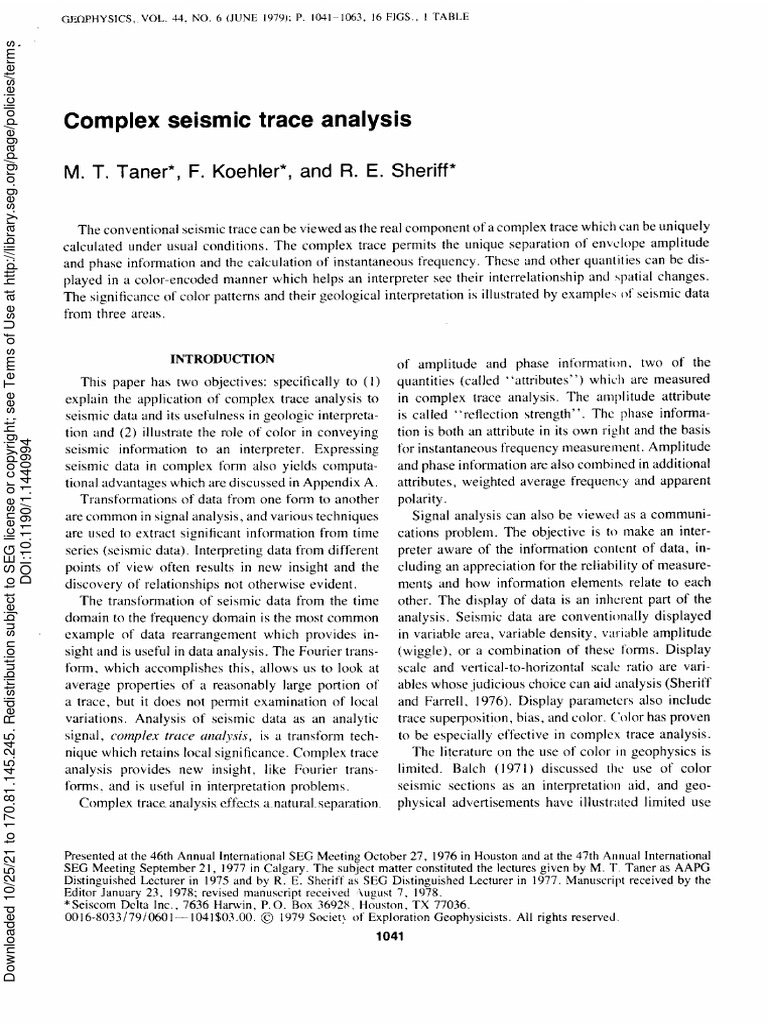 Complex Seismic Trace Analysis: M. T. Taner, F. Koehler, and R. E ...