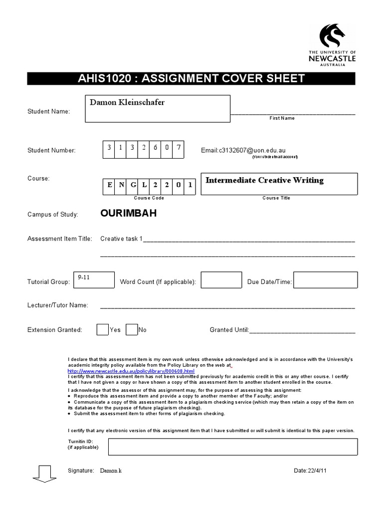 Ahis1020: Assignment Cover Sheet: Ourimbah | PDF | Turnitin