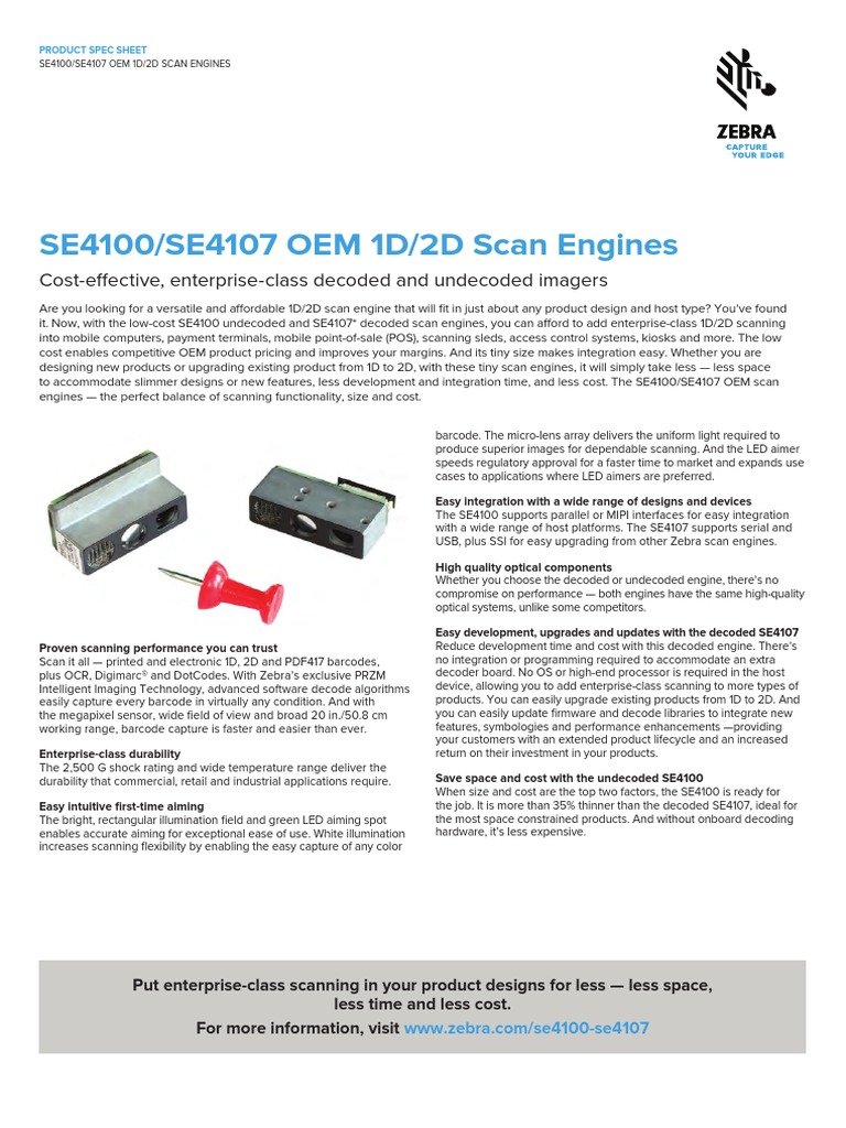 Zebra Barcode Scanner Spec Sheet Se4100 | PDF | Image Scanner | Barcode