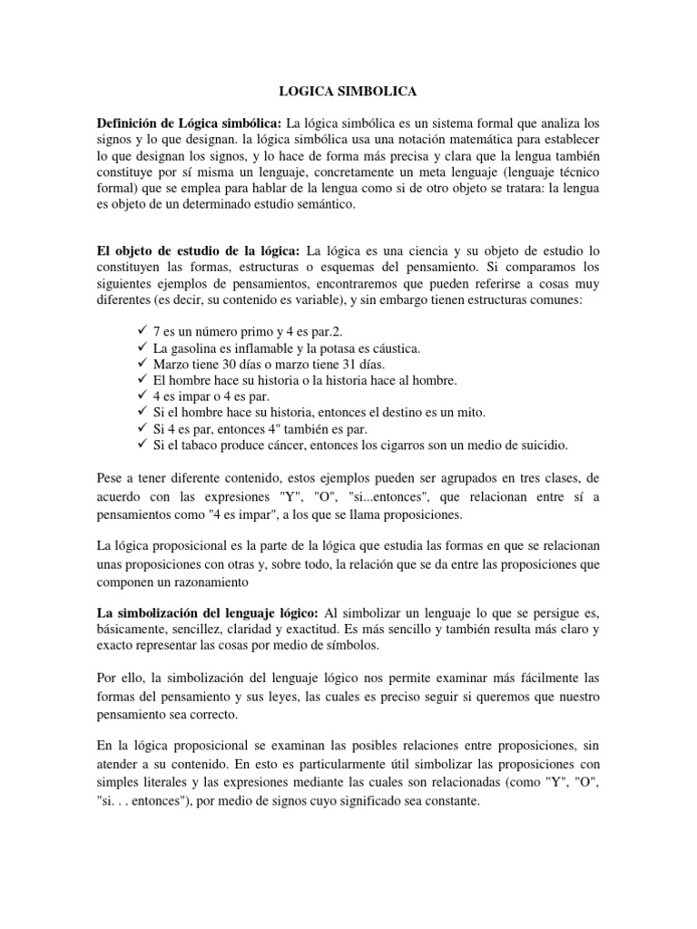 Lógica simbolica resumen | PDF | Proposición | Lógica matemática