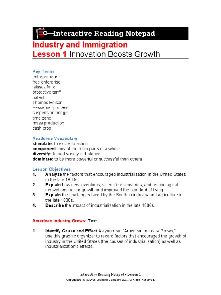 Industry and Immigration Lesson 1: Innovation Boosts Growth | PDF ...