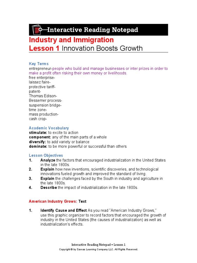 Industry and Immigration Lesson 1: Innovation Boosts Growth | PDF ...