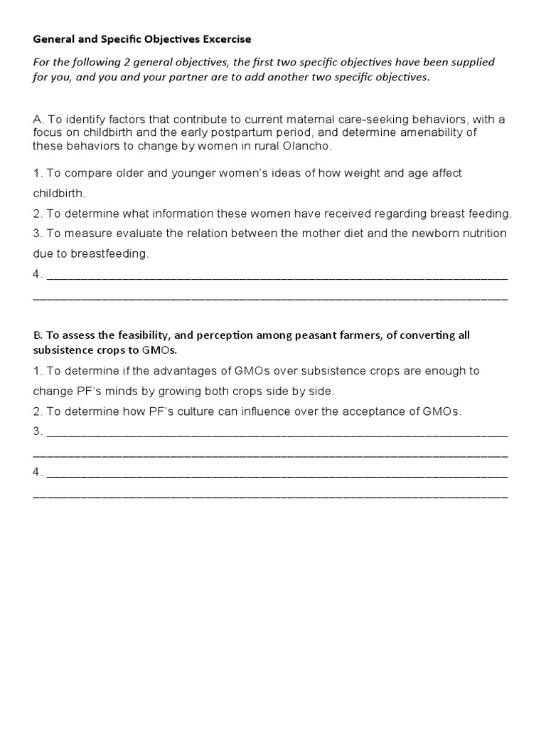 General and Specific Objectives Excercise | PDF