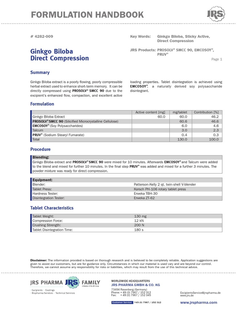 Formulation Handbook: Ginkgo Biloba Direct Compression | PDF | Tablet ...
