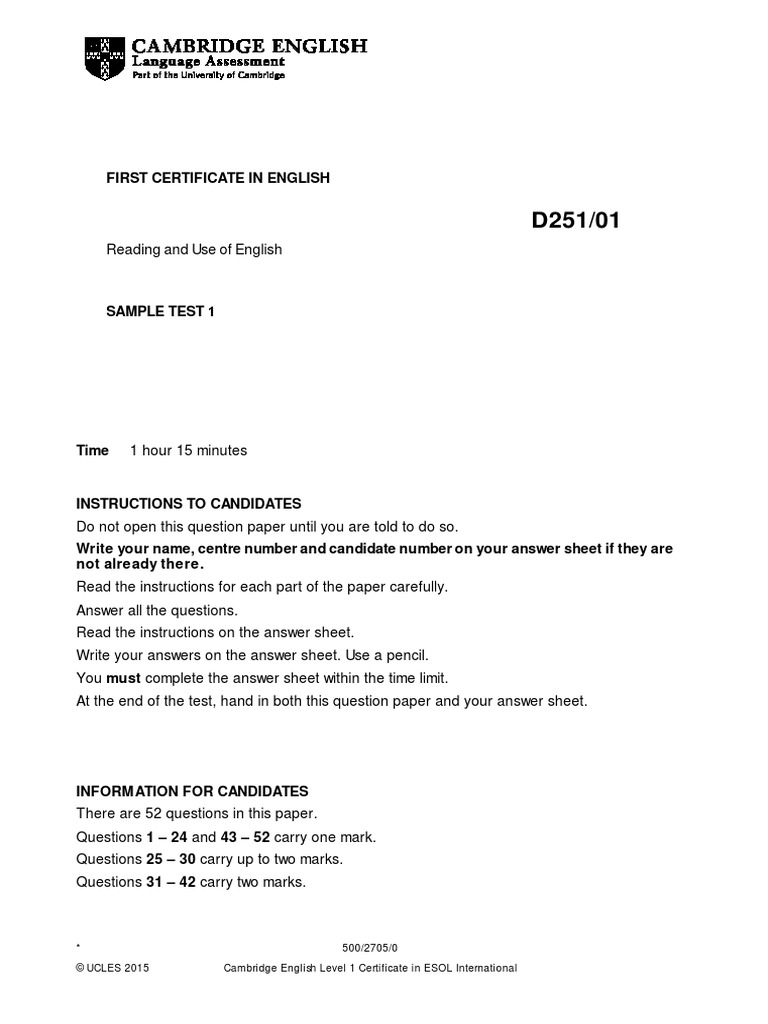 Cambridge English First 2015 Sample Paper 1 Reading and Use of English ...