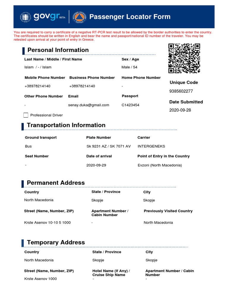 Passenger Locator Form: Personal Information | Download Free PDF ...