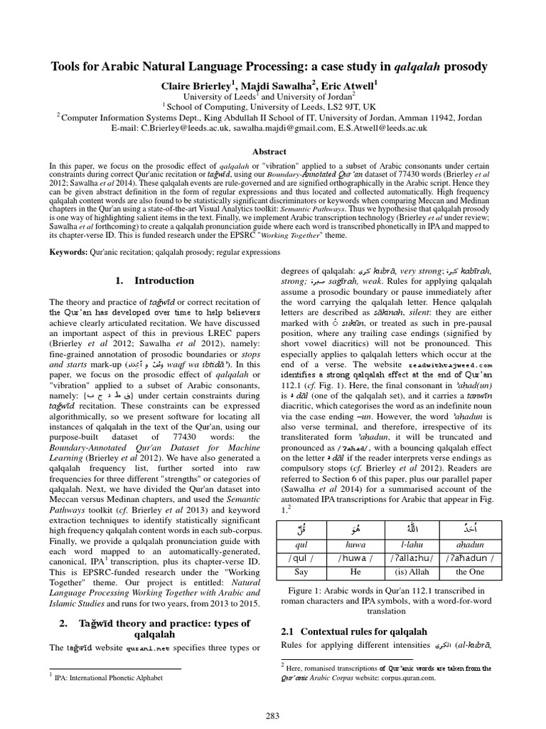 Tools For Arabic Natural Language Processing: A Case Study in Qalqalah ...
