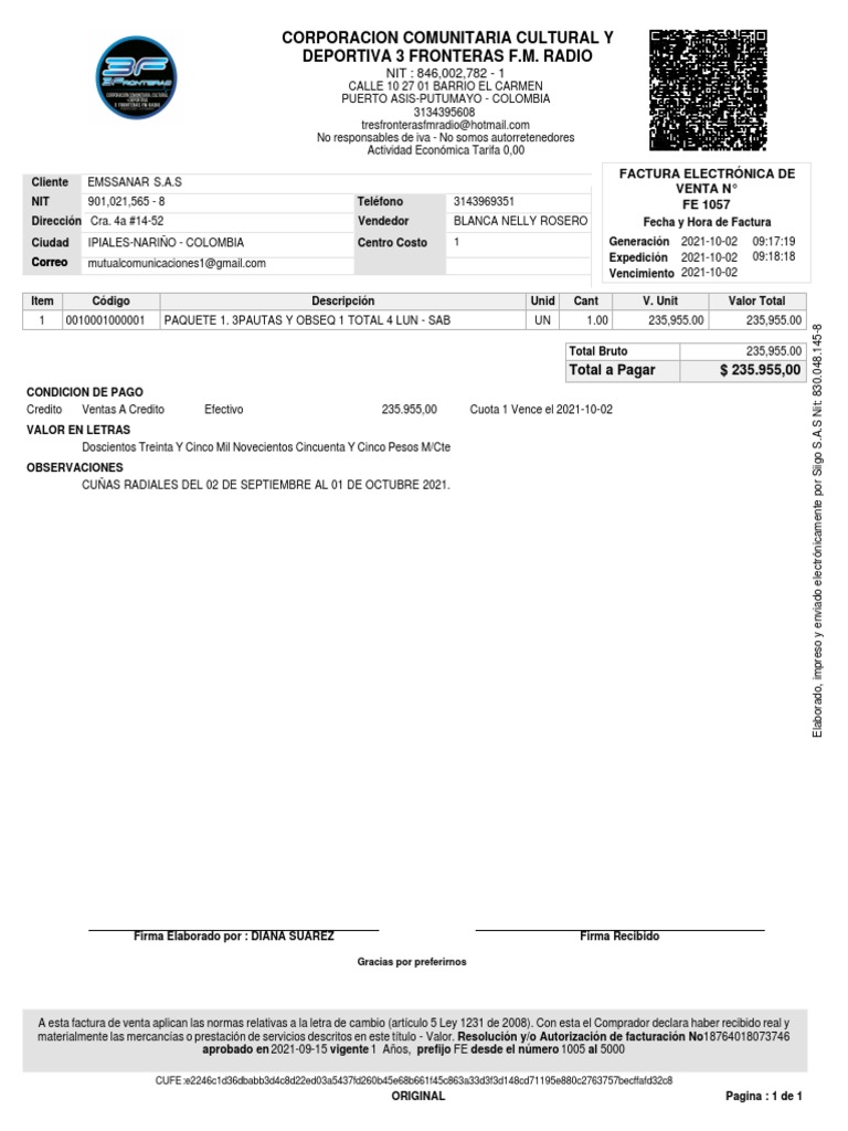Factura o Documento Equivalente - 02-10-2021 - NIT - 846002782 FACTURA ...