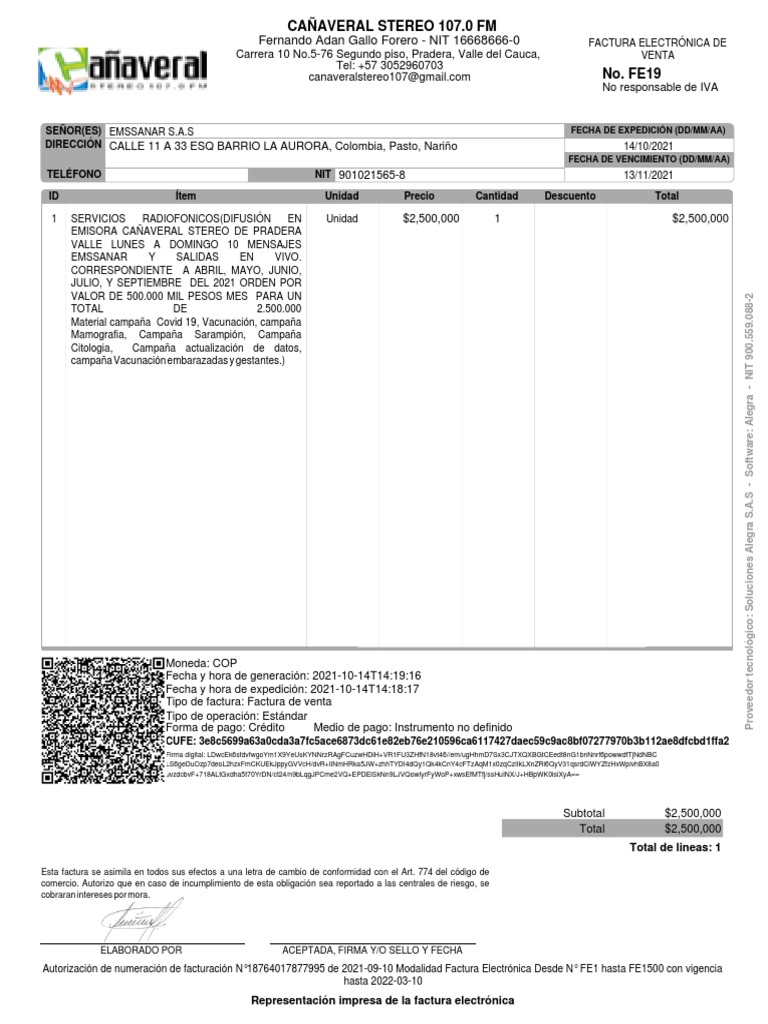Factura o Documento Equivalente - 14 - 10 - 2021 - NIT - 16668666 ...