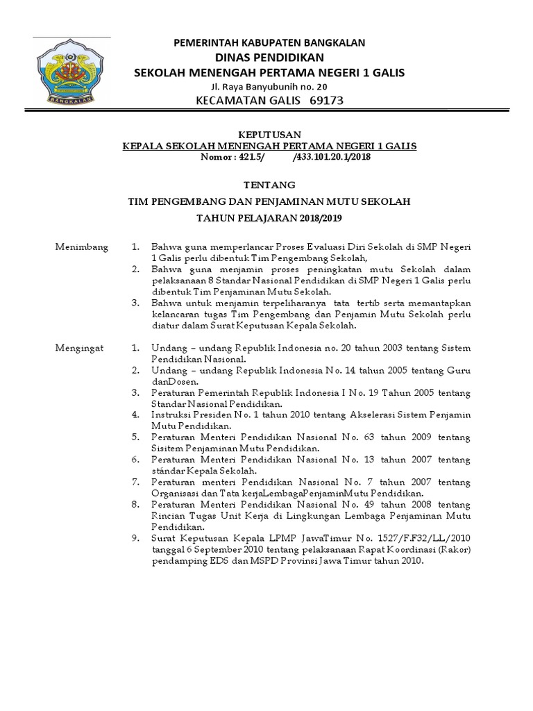 00 SK Tim Sekolah Model SMP NEGERI 1 GALIS LENGKAP TTD | PDF
