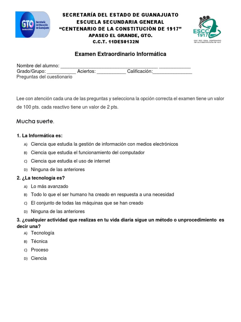 Examen Extraordinario de Informática | PDF | Hardware de la computadora | Almacenamiento de ...