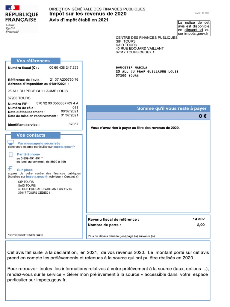 Avis D Impot 2021 Sur Les Revenus 2020 | PDF | Impôt sur le revenu | Financement du gouvernement