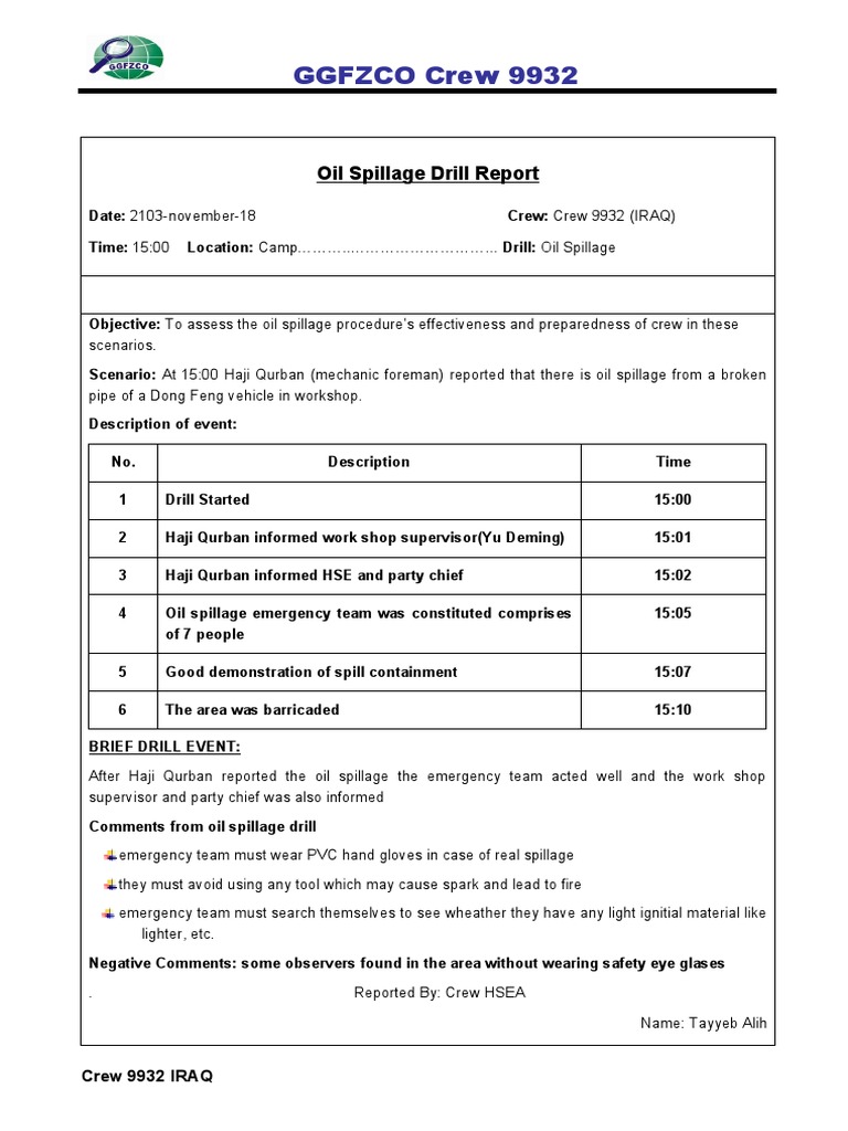 GGFZCO Crew 9932: Oil Spillage Drill Report | PDF