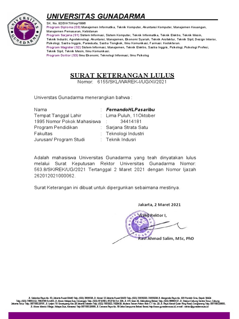 Surat Keterangan Lulus Universitas Gunadarma | PDF