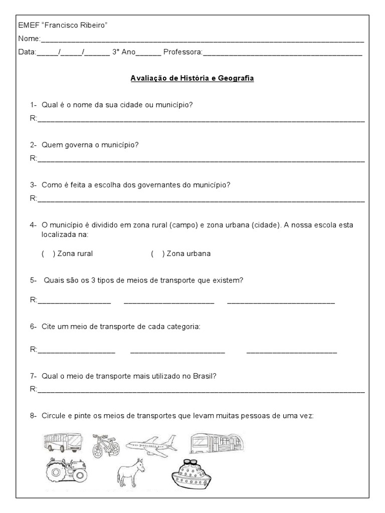 Avaliação de História e Geografia 3º Ano | PDF | Negócios | Ciências ...