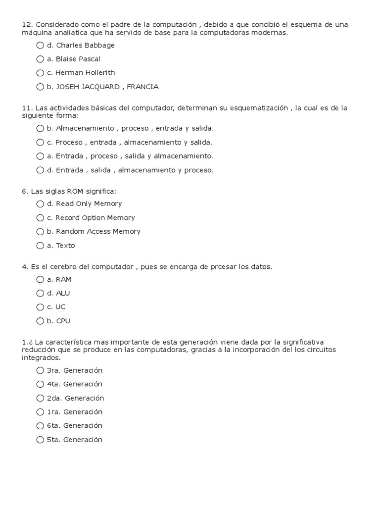 Test Primer Parcial Informatica Basica | PDF | Hardware de la ...