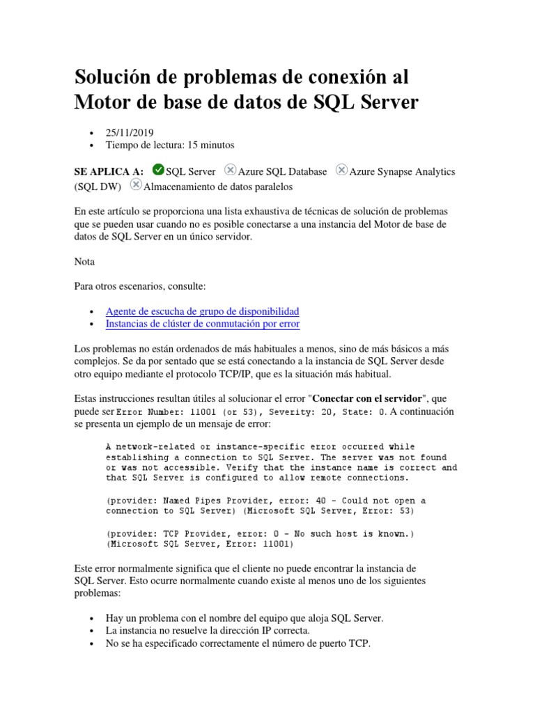 Solución de Problemas de Conexión Al Motor de Base de Datos de SQL ...
