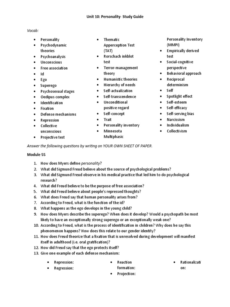 Vocab:: Unit 10: Personality-Study Guide | PDF | Id | Sigmund Freud